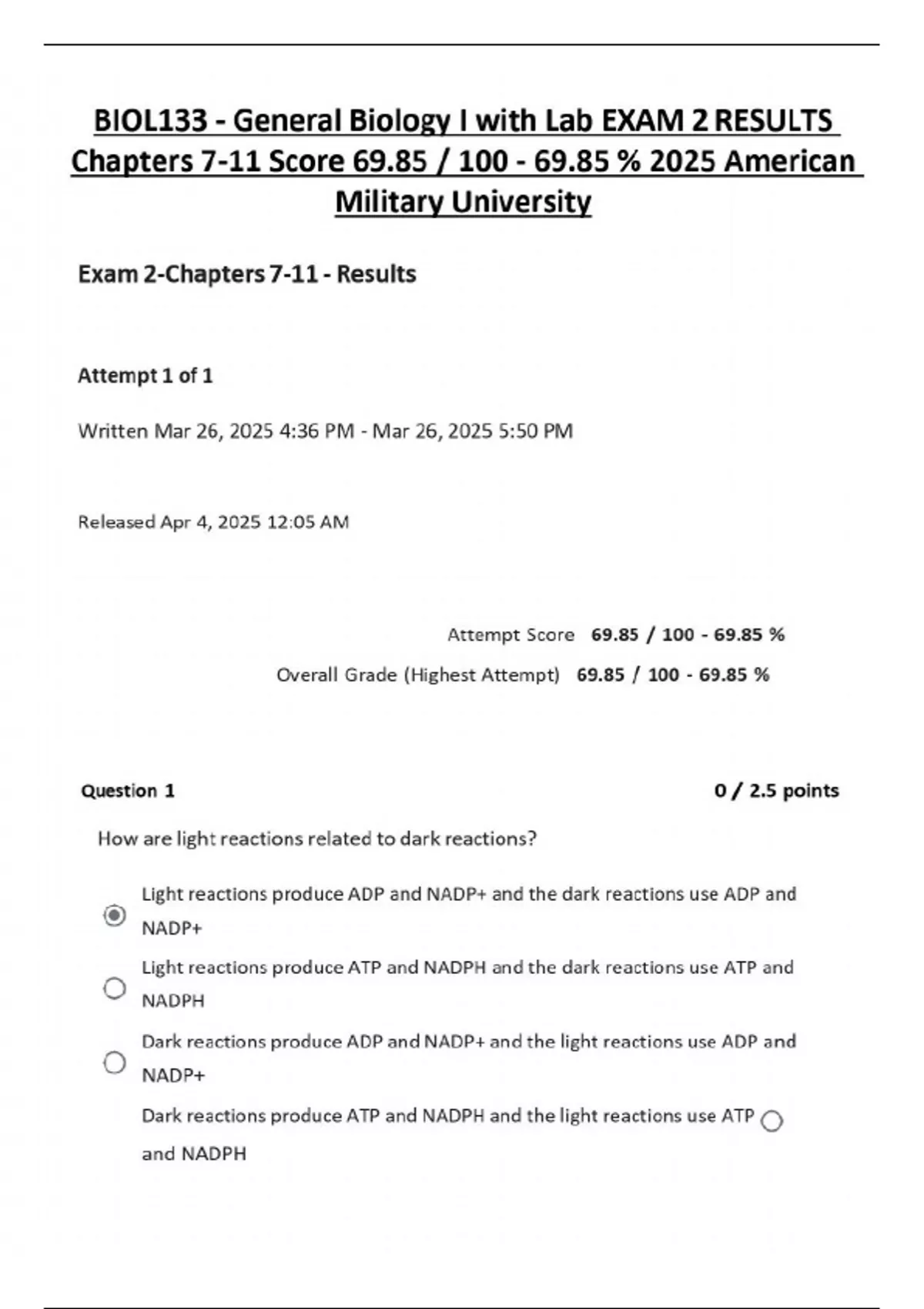 BIOL133 - General Biology I with Lab EXAM 2 RESULTS Chapters 7-11 Score ...