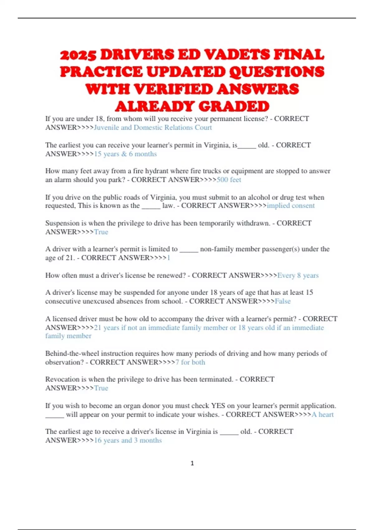 2025 DRIVERS ED VADETS FINAL PRACTICE UPDATED QUESTIONS WITH VERIFIED ANSWERS ALREADY GRADED ...