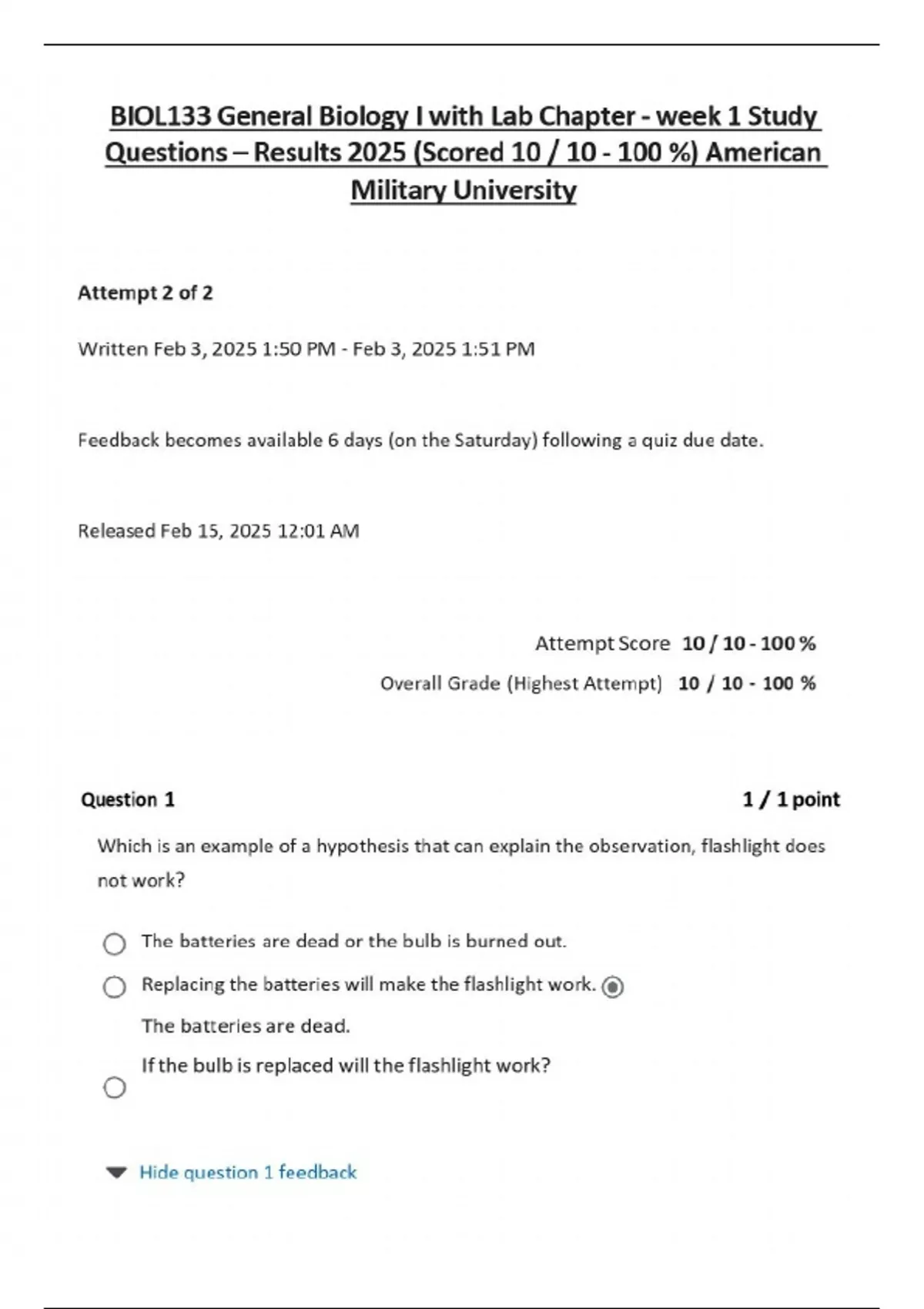 BIOL133 General Biology I with Lab Chapter - week 1 Study Questions ...