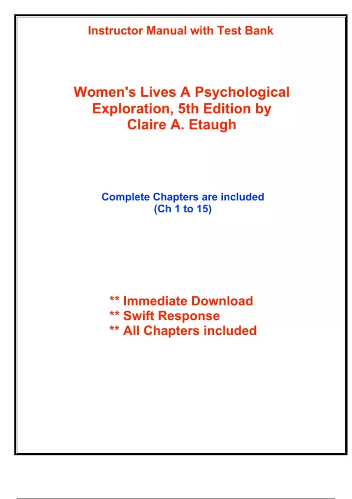Instructor Manual with Test Bank for Women's Lives A Psychological ...