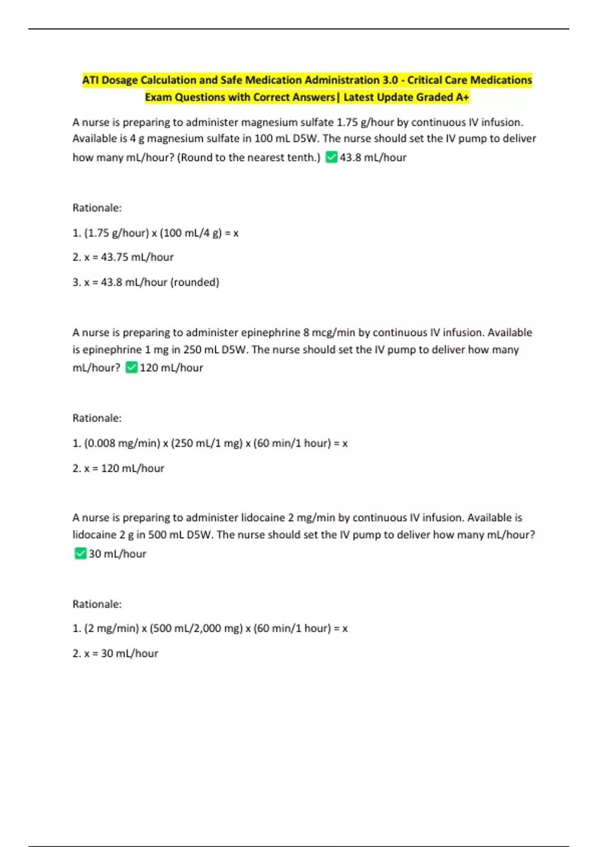 ATI Dosage Calculation and Safe Medication Administration 3.0 ...
