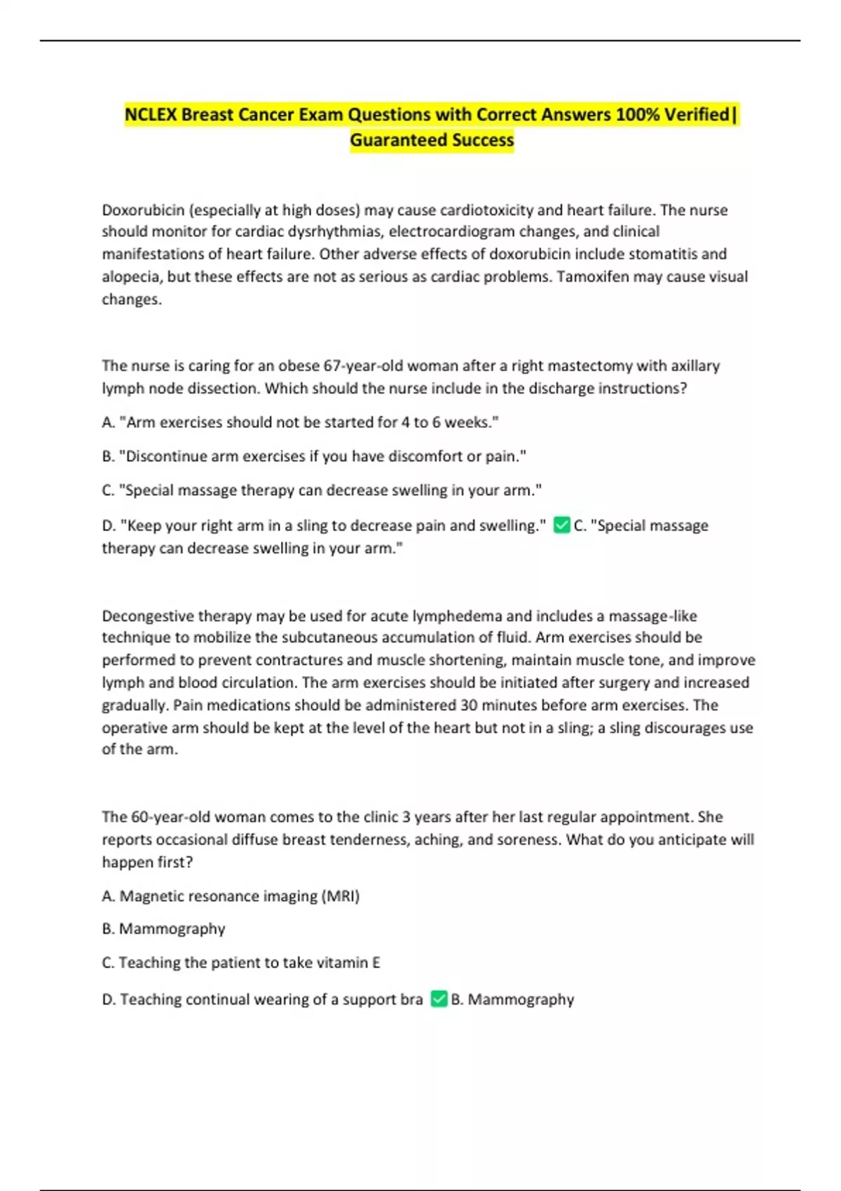 NCLEX Breast Cancer Exam Questions with Correct Answers 100% Verified ...
