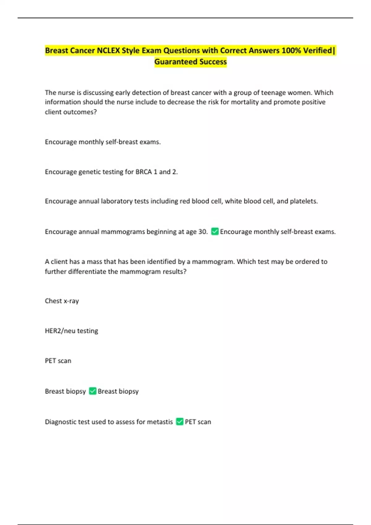 Breast Cancer NCLEX Style Exam Questions with Correct Answers 100% ...