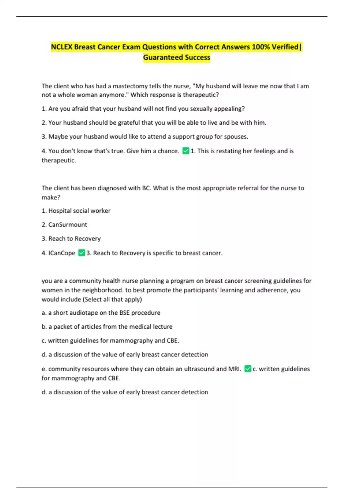 NCLEX Breast Cancer Exam Questions with Correct Answers 100% Verified ...