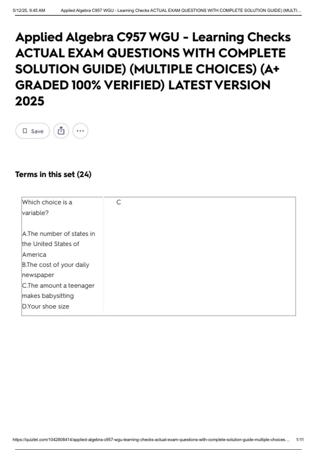 Applied Algebra C957 WGU - Learning Checks ACTUAL EXAM QUESTIONS WITH COMPLETE SOLUTION GUIDE ...