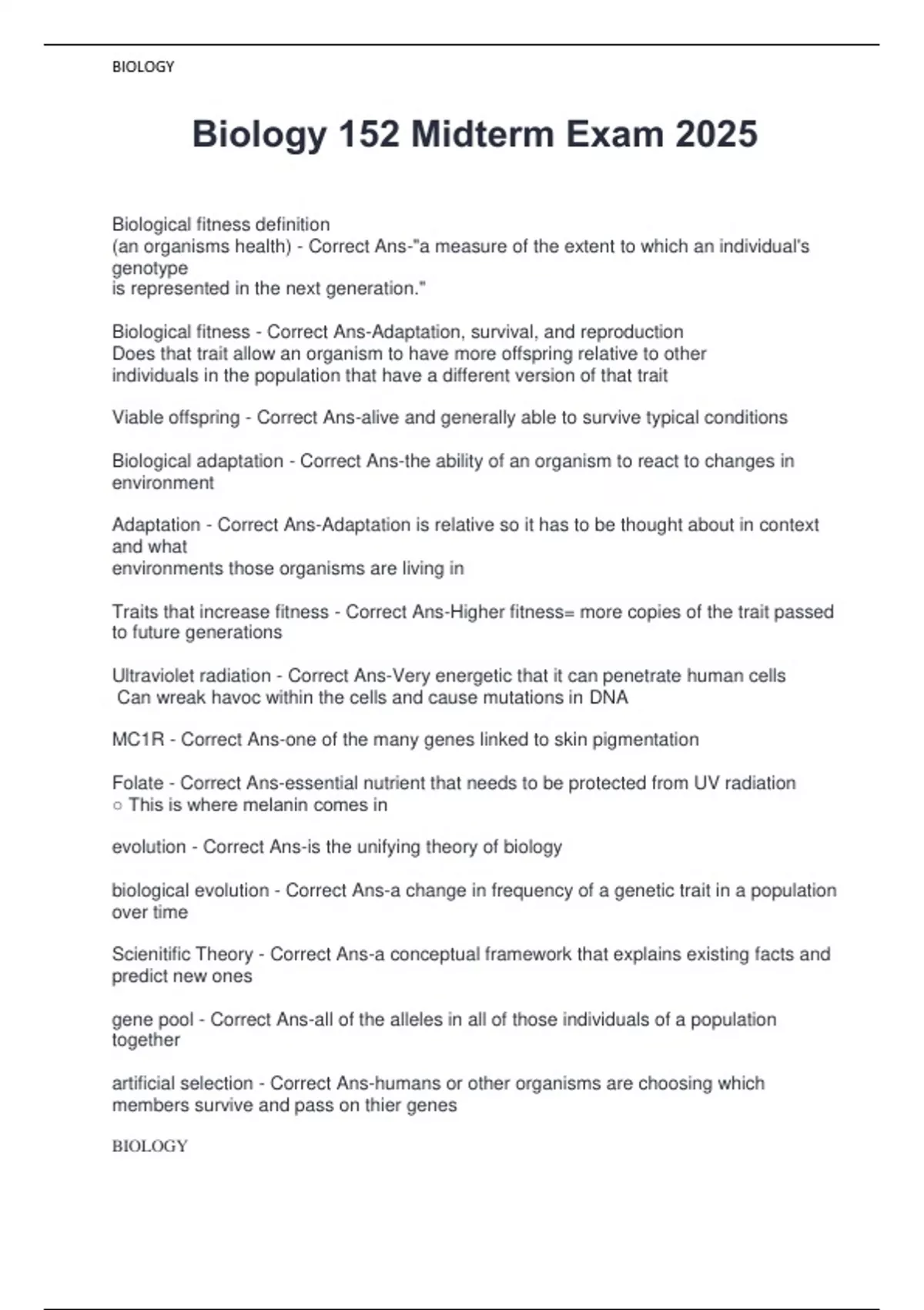 Biology 152 Midterm Exam 2025 - Biology 152 - Stuvia US