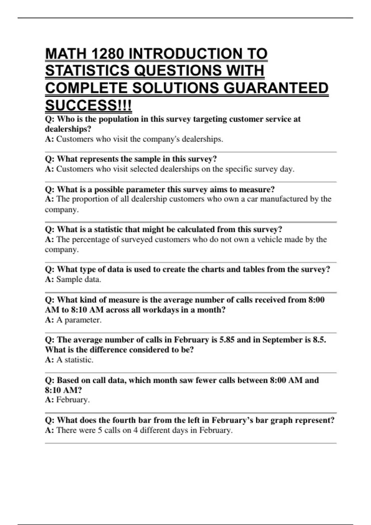 MATH 1280 INTRODUCTION TO STATISTICS QUESTIONS WITH COMPLETE SOLUTIONS ...