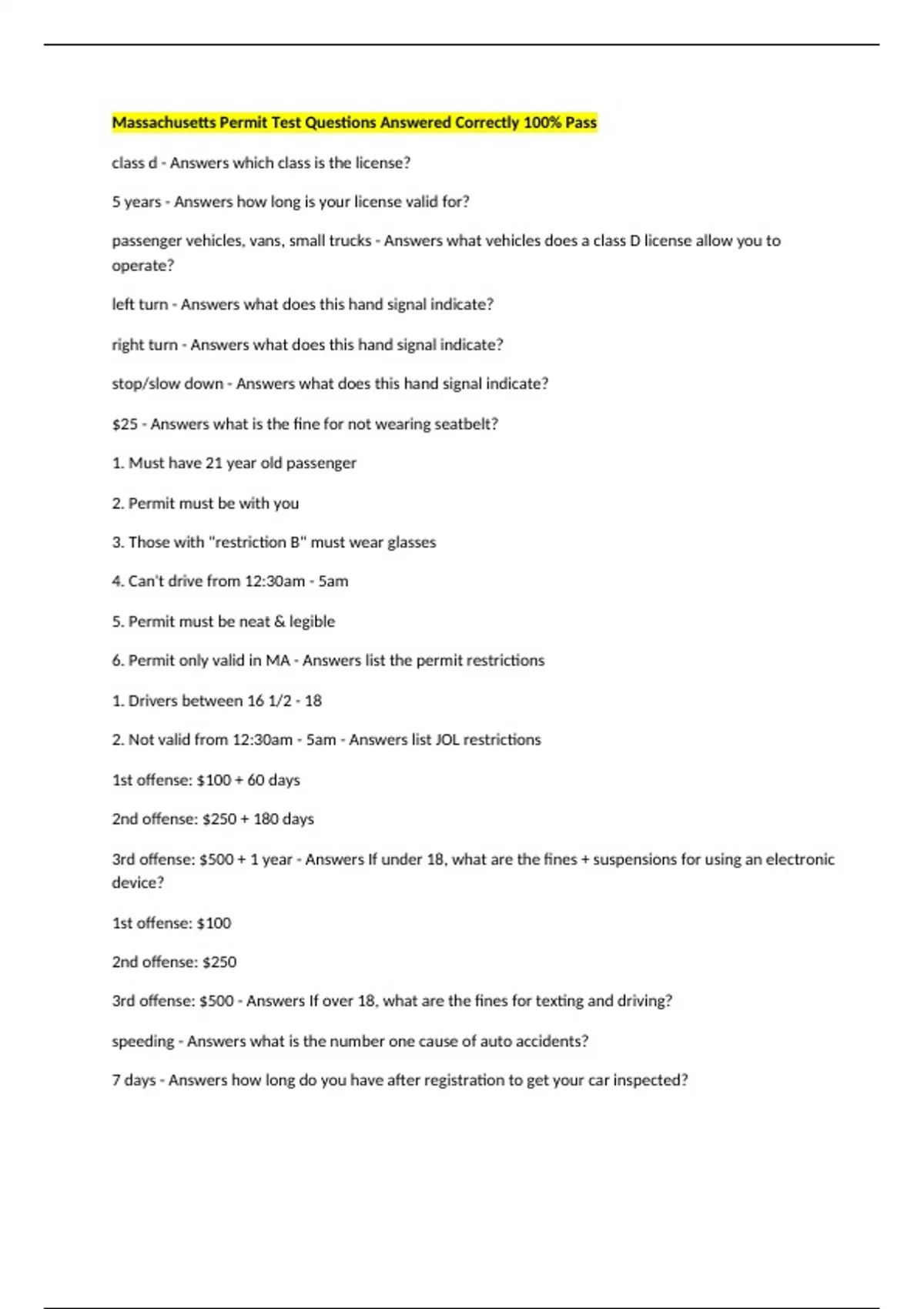 Massachusetts Permit Test Questions Answered Correctly 100% Pass ...