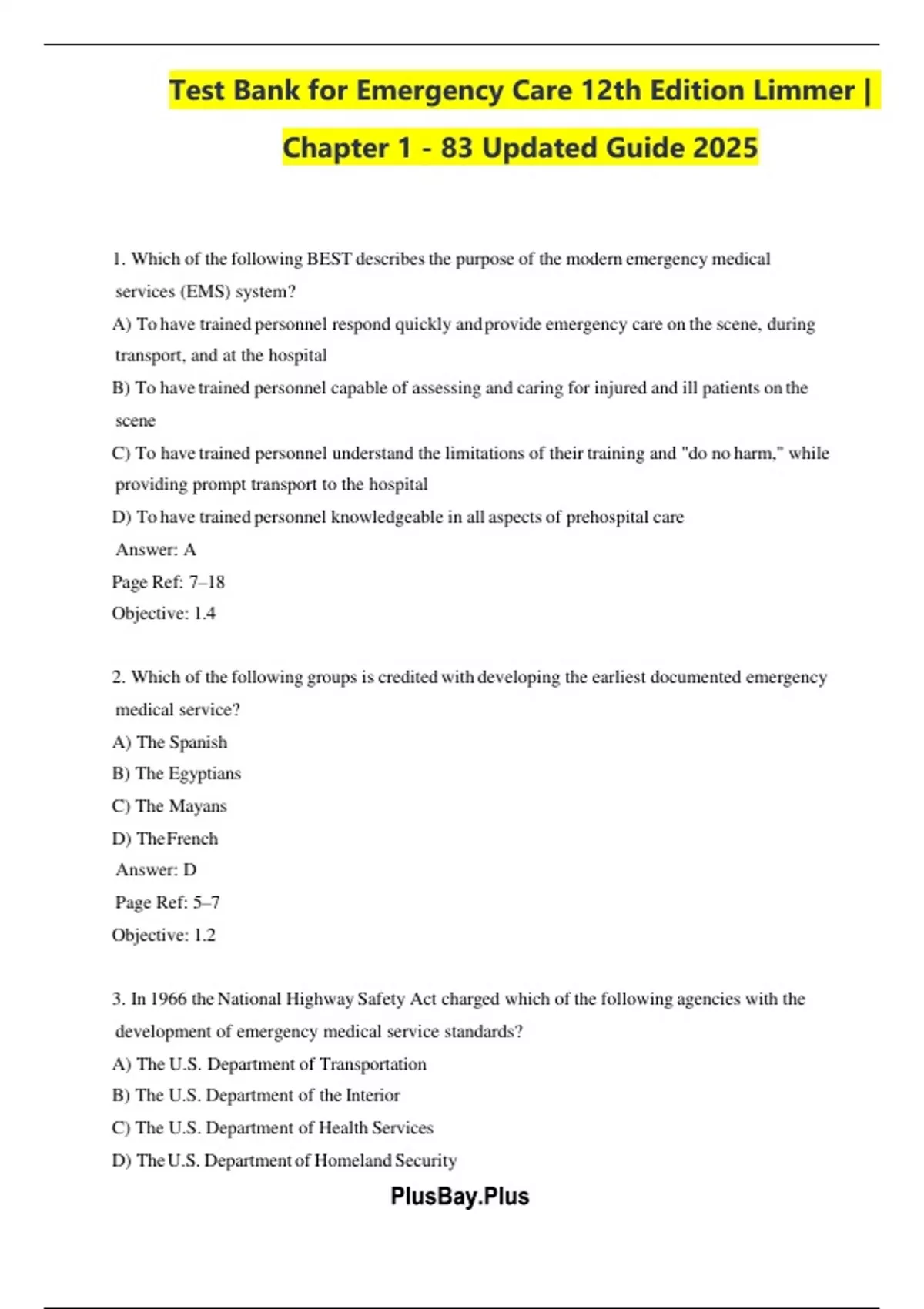 Test Bank for Emergency Care 12th Edition Limmer | Chapter 1 - 83 ...