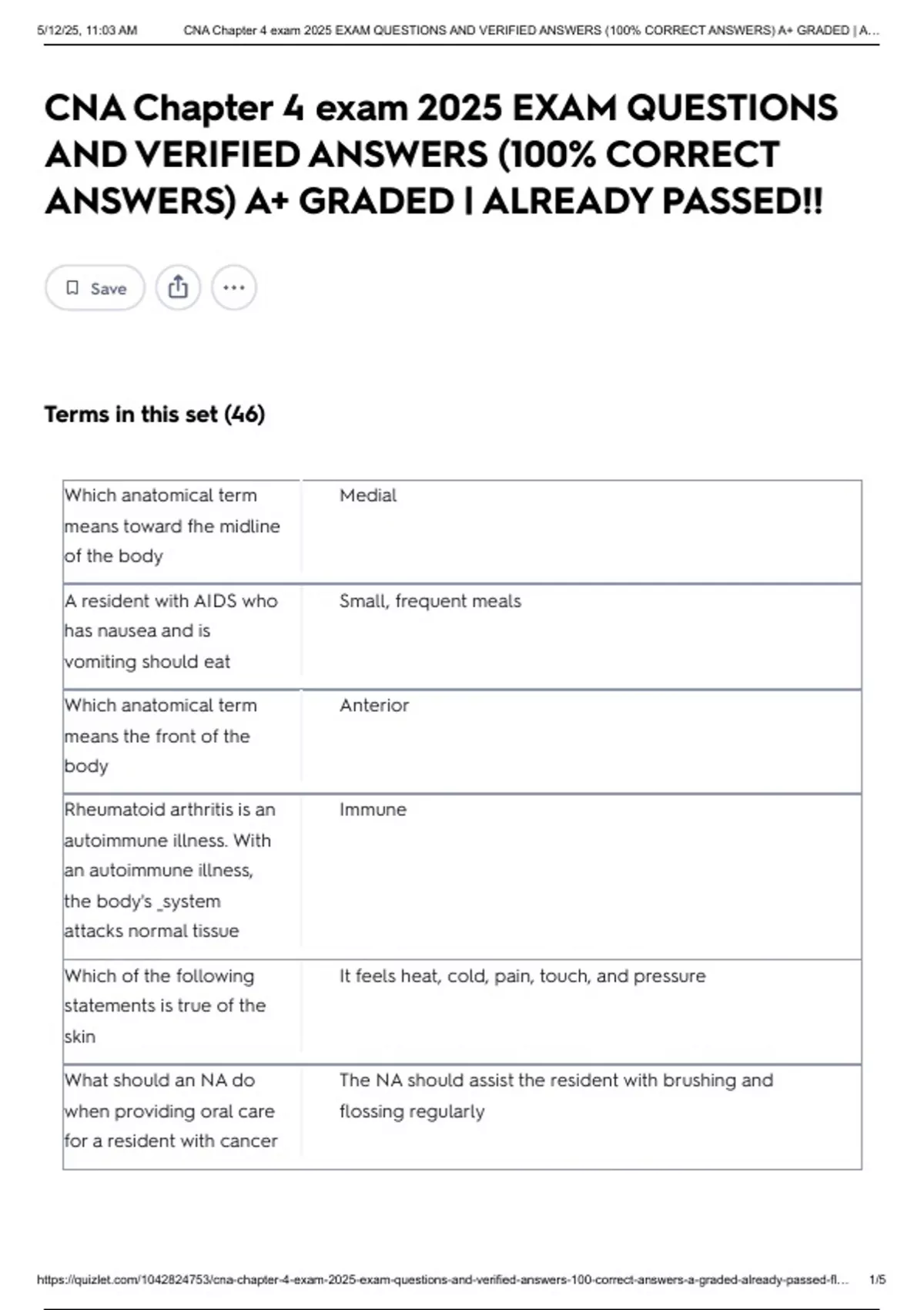 CNA Chapter 4 exam 2025 EXAM QUESTIONS AND VERIFIED ANSWERS (100% ...