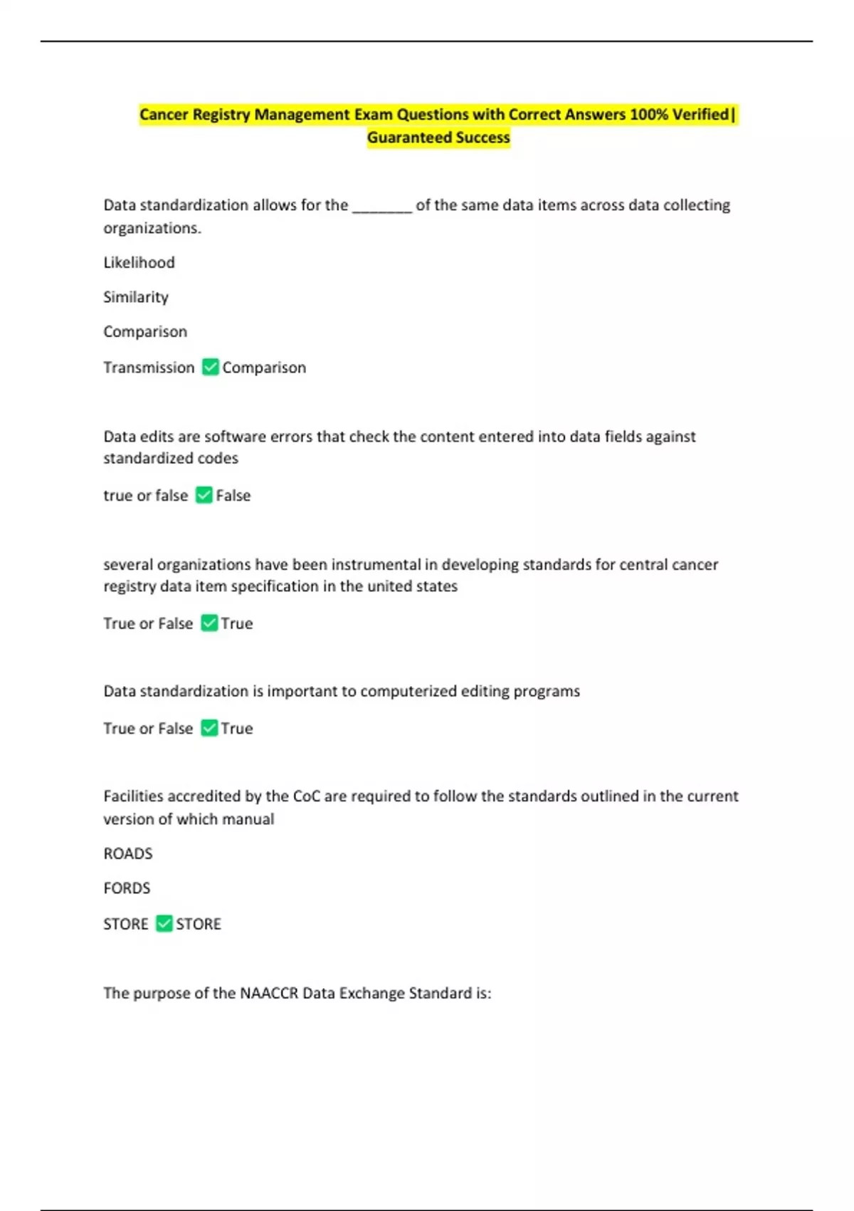 Cancer Registry Management – Verified Exam Questions with Correct ...