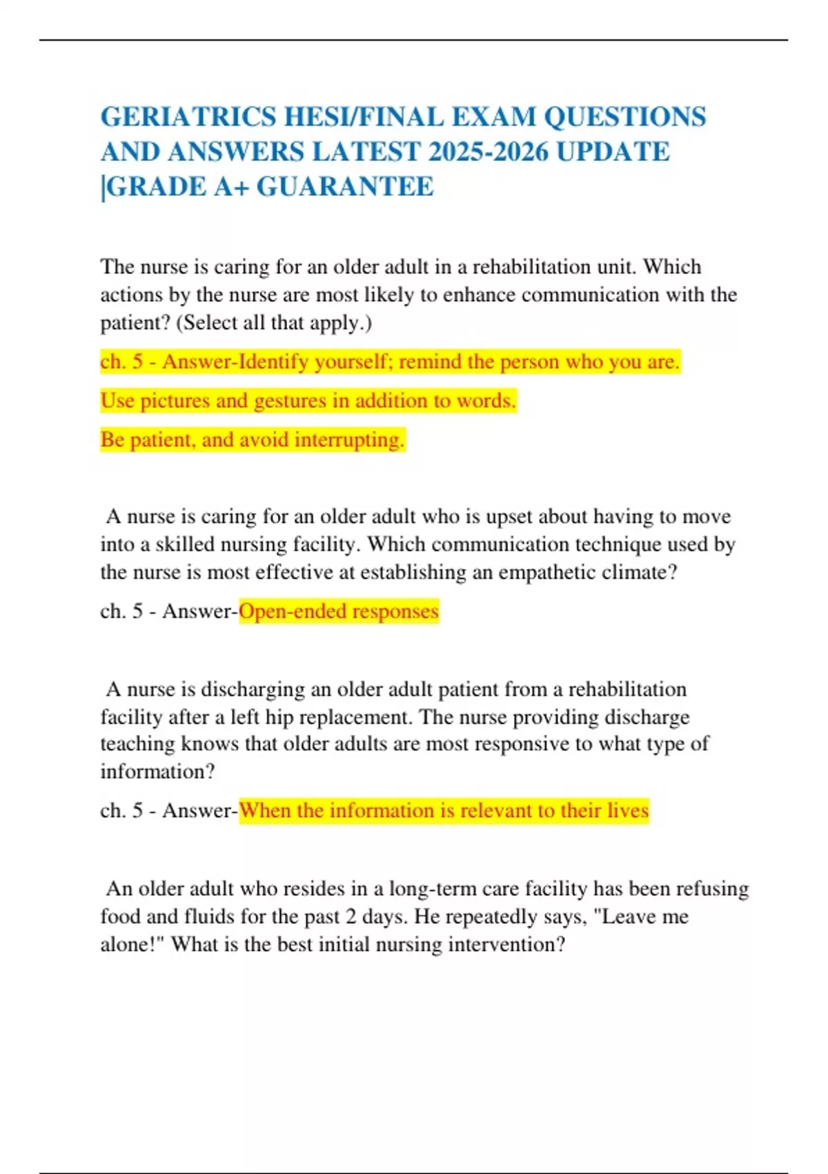 GERIATRICS HESI/FINAL EXAM QUESTIONS AND ANSWERS LATEST UPDATE |GRADE ...