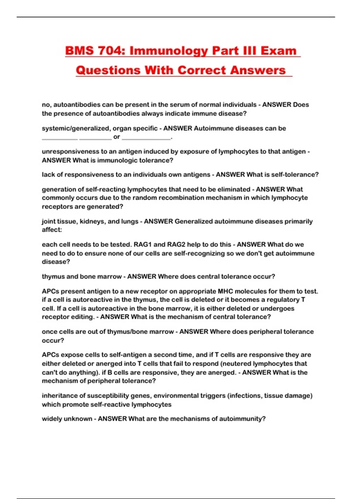 BMS 704: Immunology Part III Exam Questions With Correct Answers - BMS 704 - Stuvia US