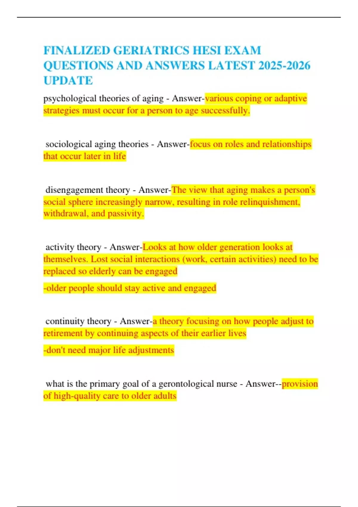 FINALIZED GERIATRICS HESI EXAM QUESTIONS AND ANSWERS LATEST UPDATE ...