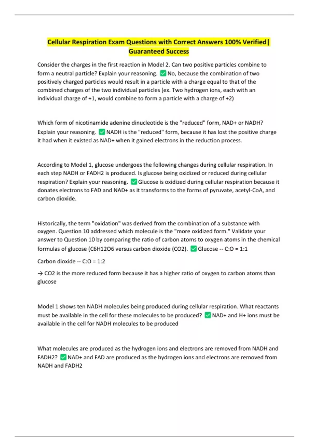 Cellular Respiration: In-Depth Exam Questions with Verified Answers for ...