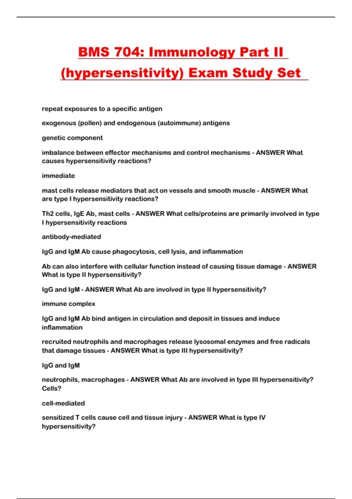 BMS 704: Immunology Part II (hypersensitivity) Exam Study Set - BMS 704 - Stuvia US