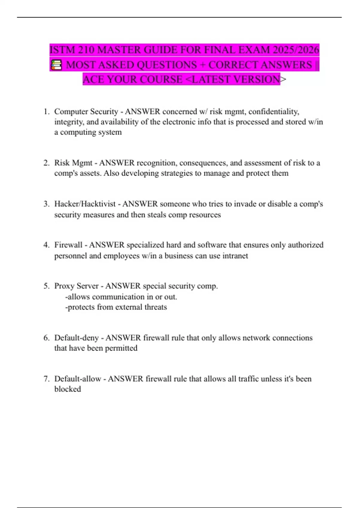 ISTM 210 Master Guide for Final Exam 2025/2026 – Most Asked Questions & Correct Answers || Ace ...