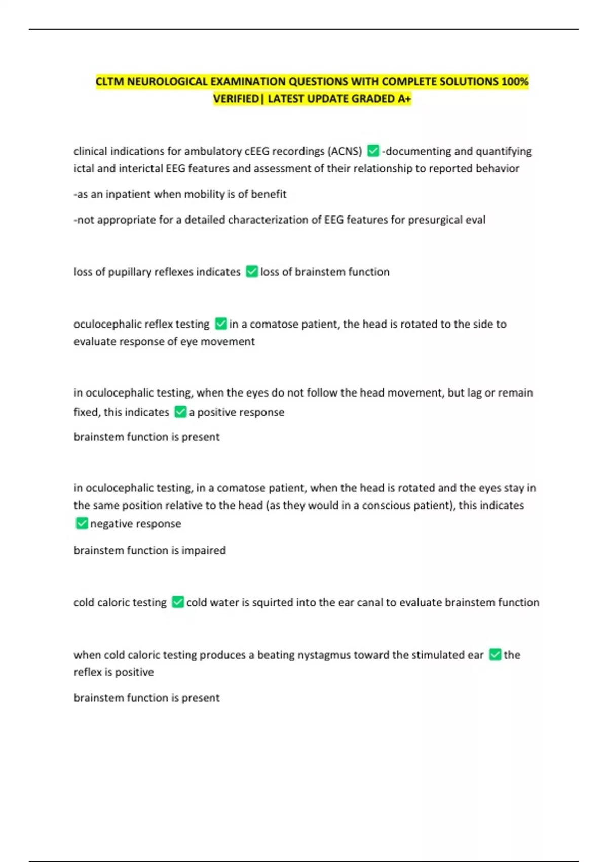 CLTM NEUROLOGICAL EXAMINATION QUESTIONS WITH COMPLETE SOLUTIONS 100% ...