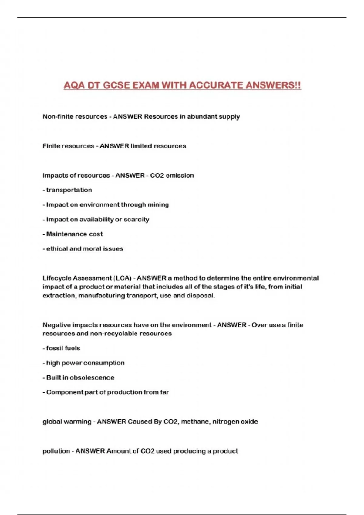 AQA DT GCSE EXAM WITH ACCURATE ANSWERS!! - AQA DT GCSE - Stuvia US