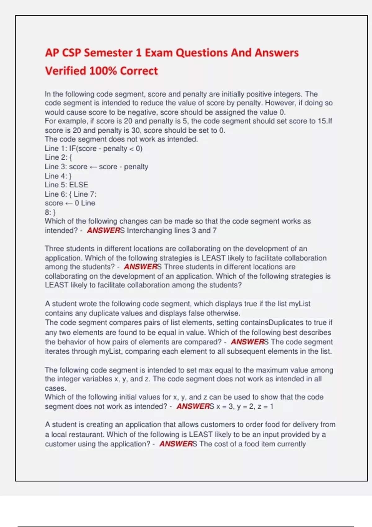 AP CSP Semester 1 Exam Questions And Answers Verified 100% Correct - AP CSP Semester 1 - Stuvia US