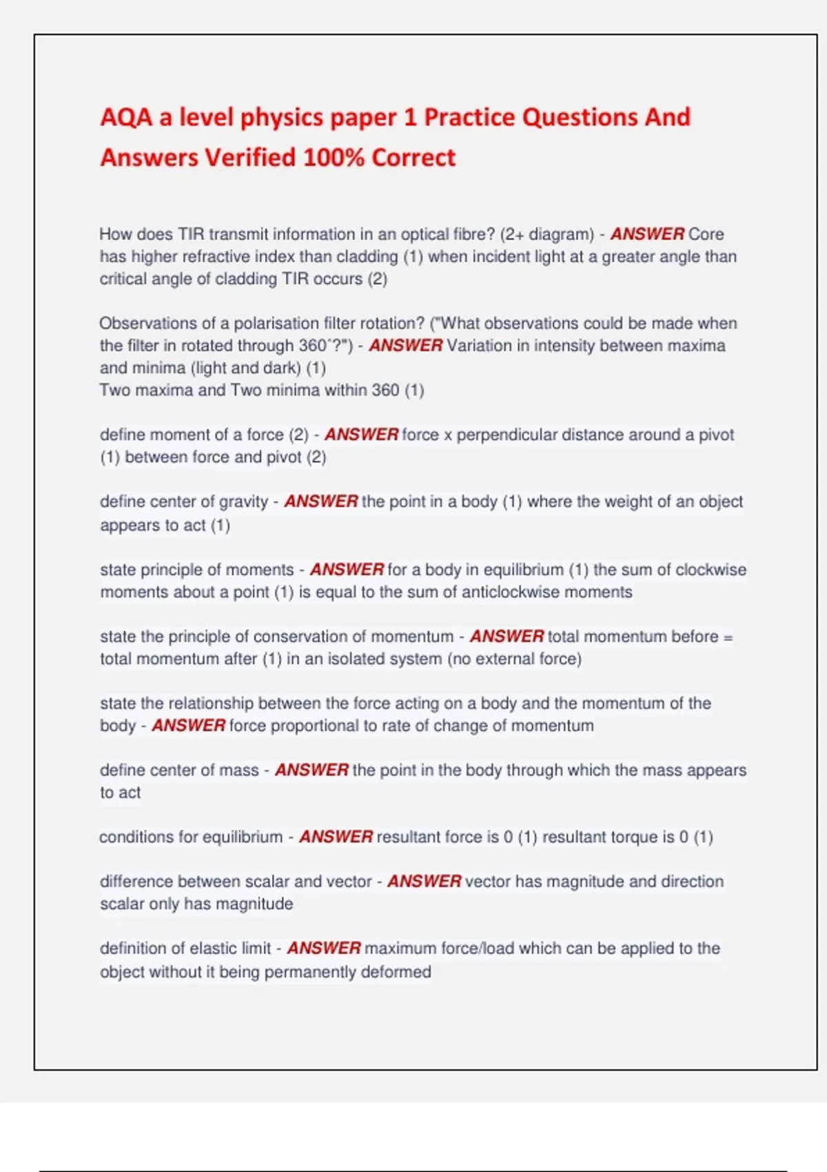 AQA a level physics paper 1 Practice Questions And Answers Verified 100 ...