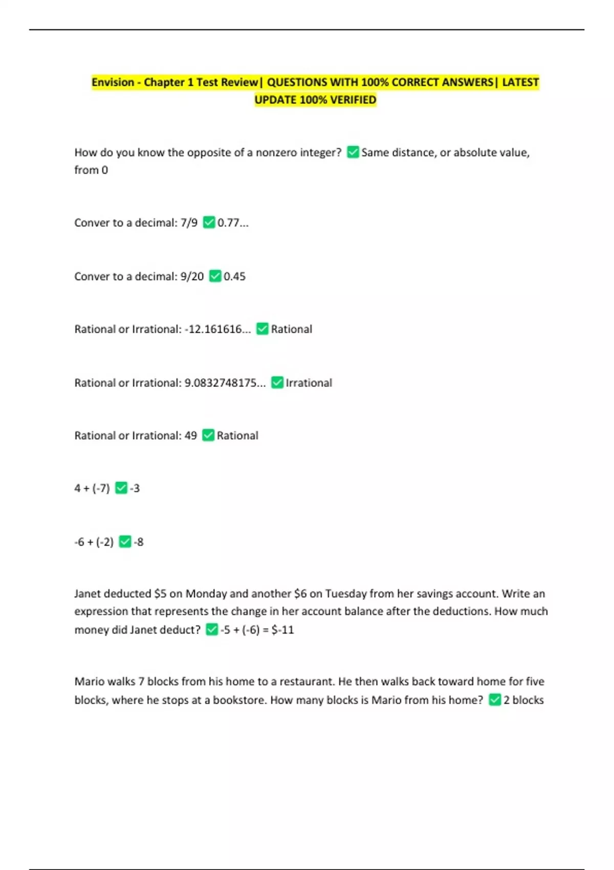 Envision - Chapter 1 Test Review| QUESTIONS WITH 100% CORRECT ANSWERS ...