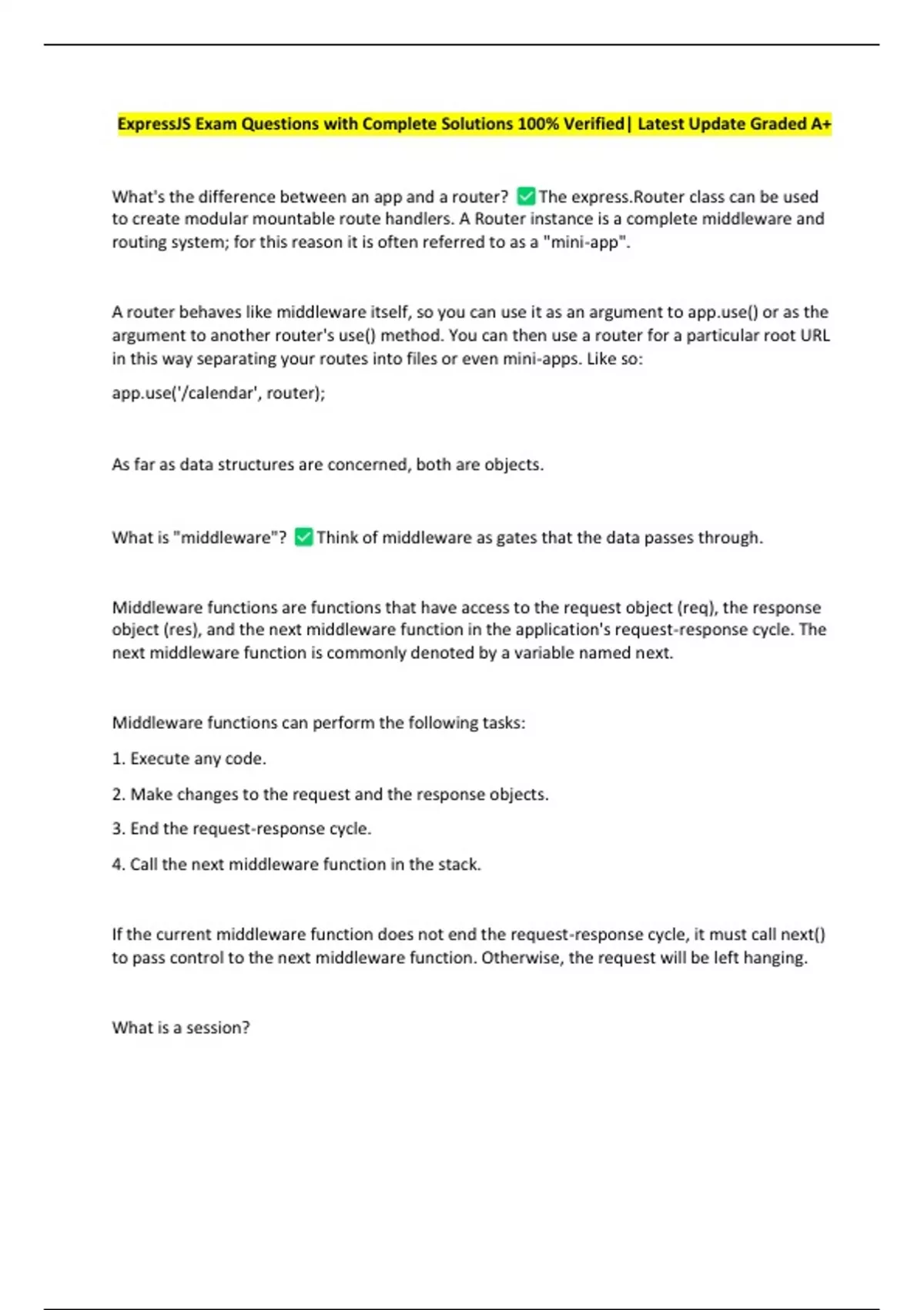 ExpressJS Exam Questions with Complete Solutions 100% Verified| Latest ...