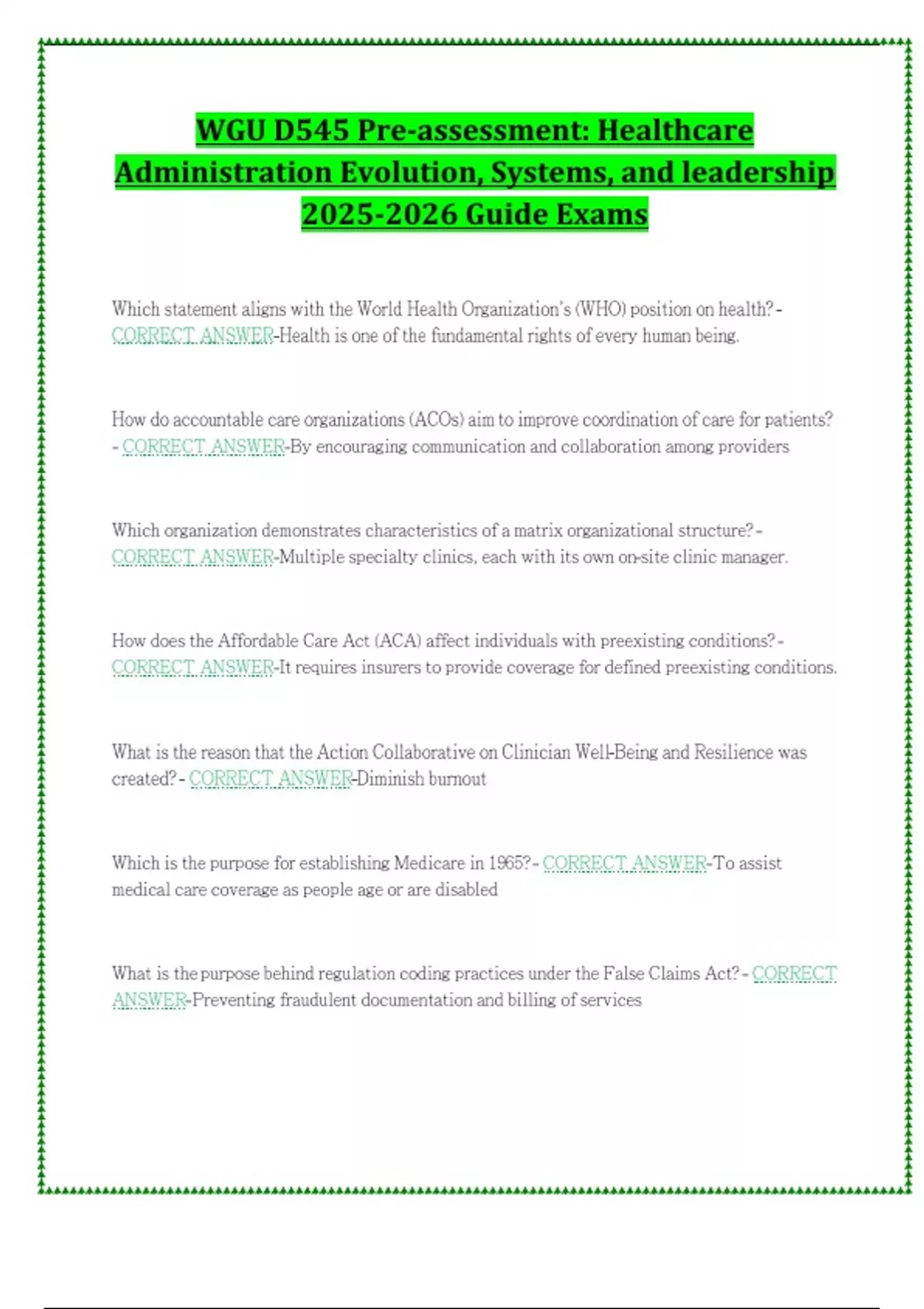 WGU D545 Pre-assessment: Healthcare Administration Evolution, Systems ...