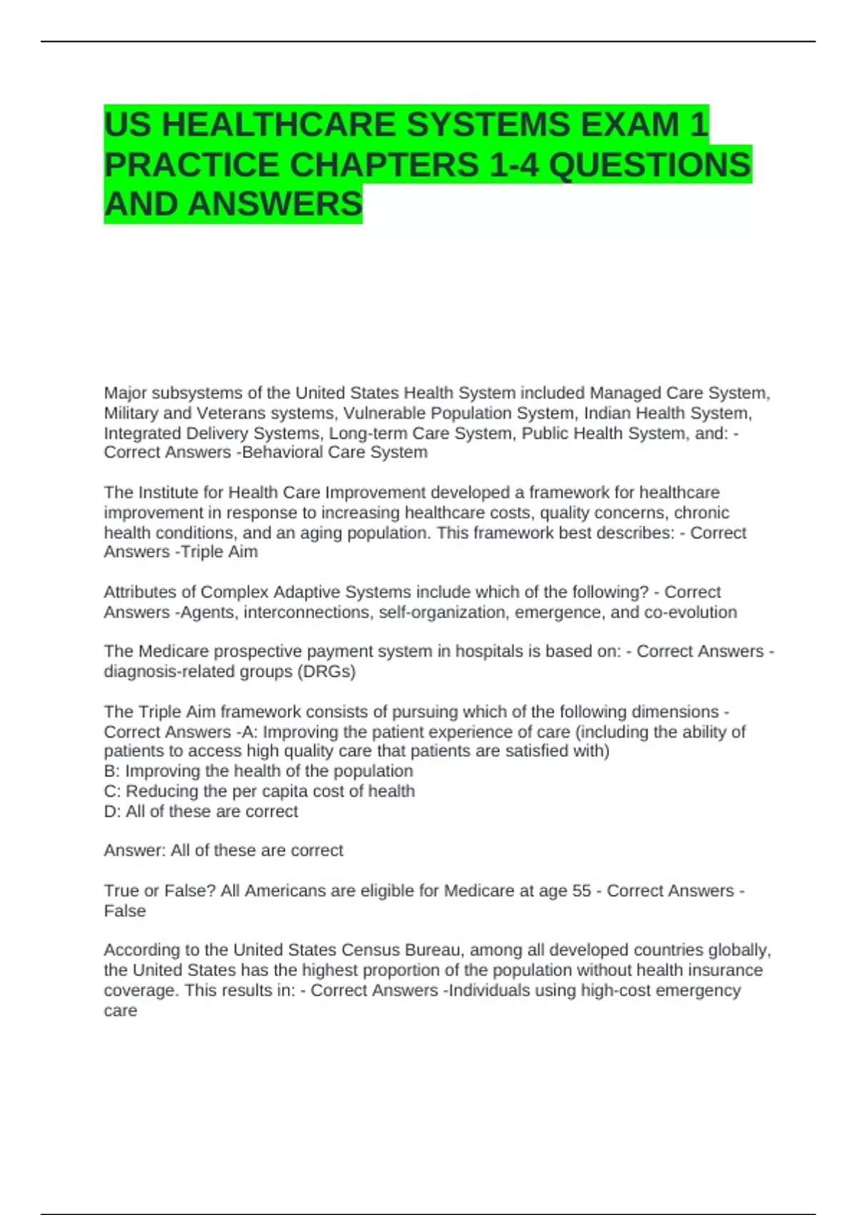 US HEALTHCARE SYSTEMS EXAM 1 PRACTICE CHAPTERS 1-4 QUESTIONS AND ...