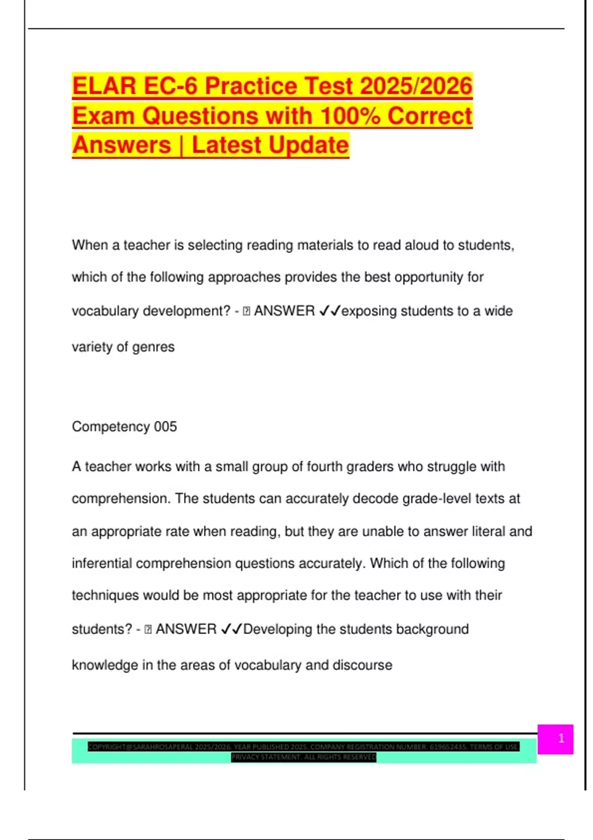 ELAR EC-6 Practice Test 2025/2026 Exam Questions with 100% Correct ...