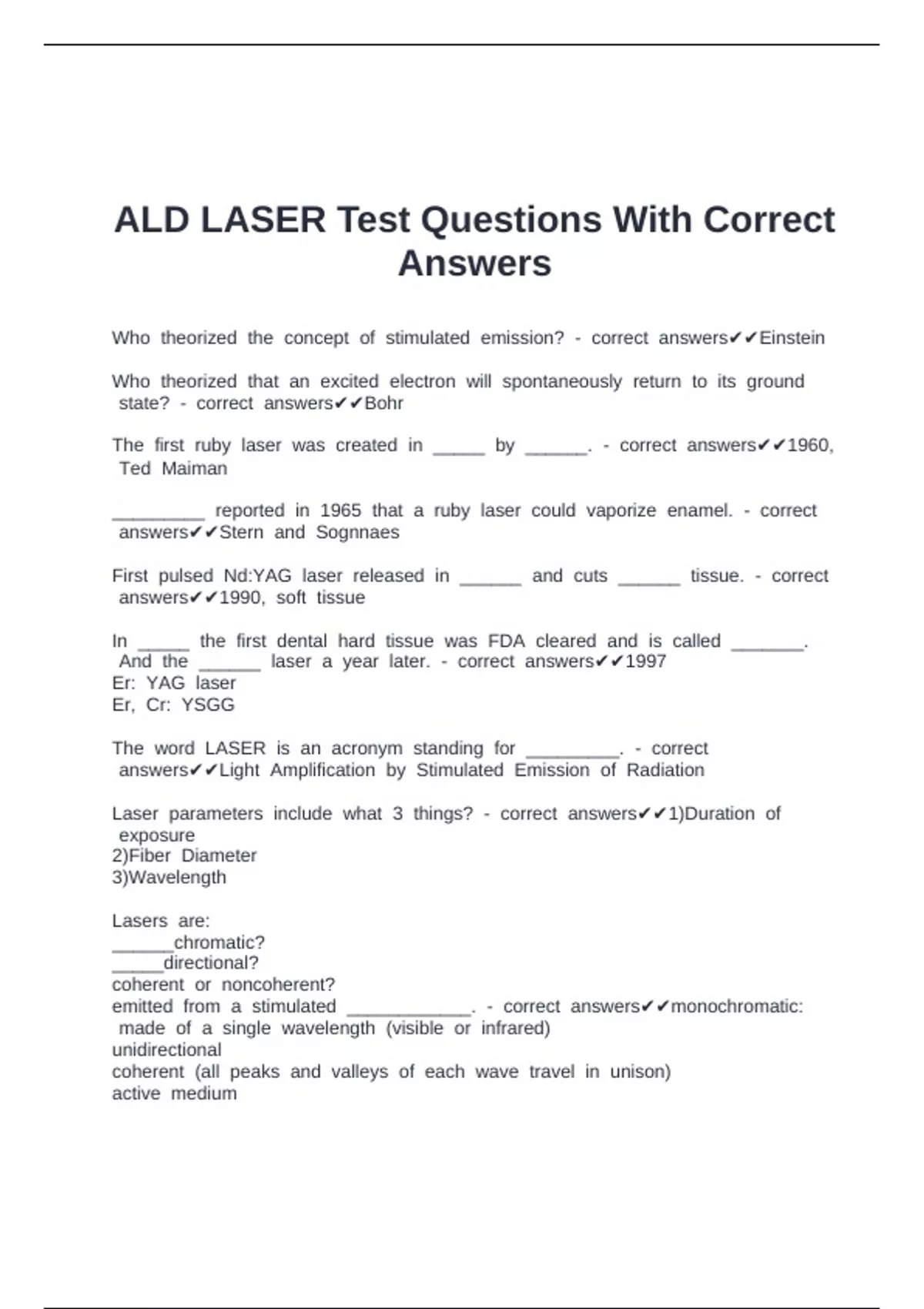 ALD LASER Test Questions With Correct Answers - ALD LASER - Stuvia US