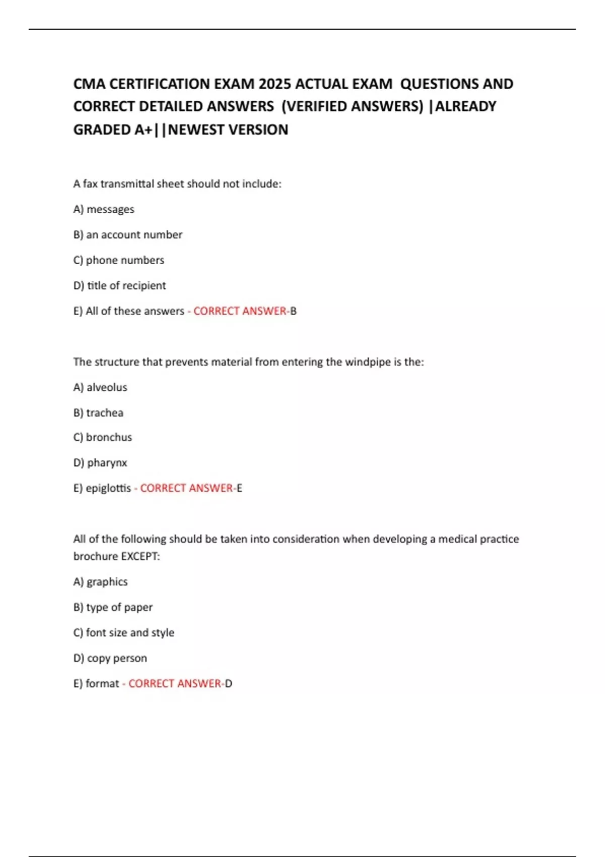 CMA CERTIFICATION EXAM 2025 ACTUAL EXAM QUESTIONS AND CORRECT DETAILED ...