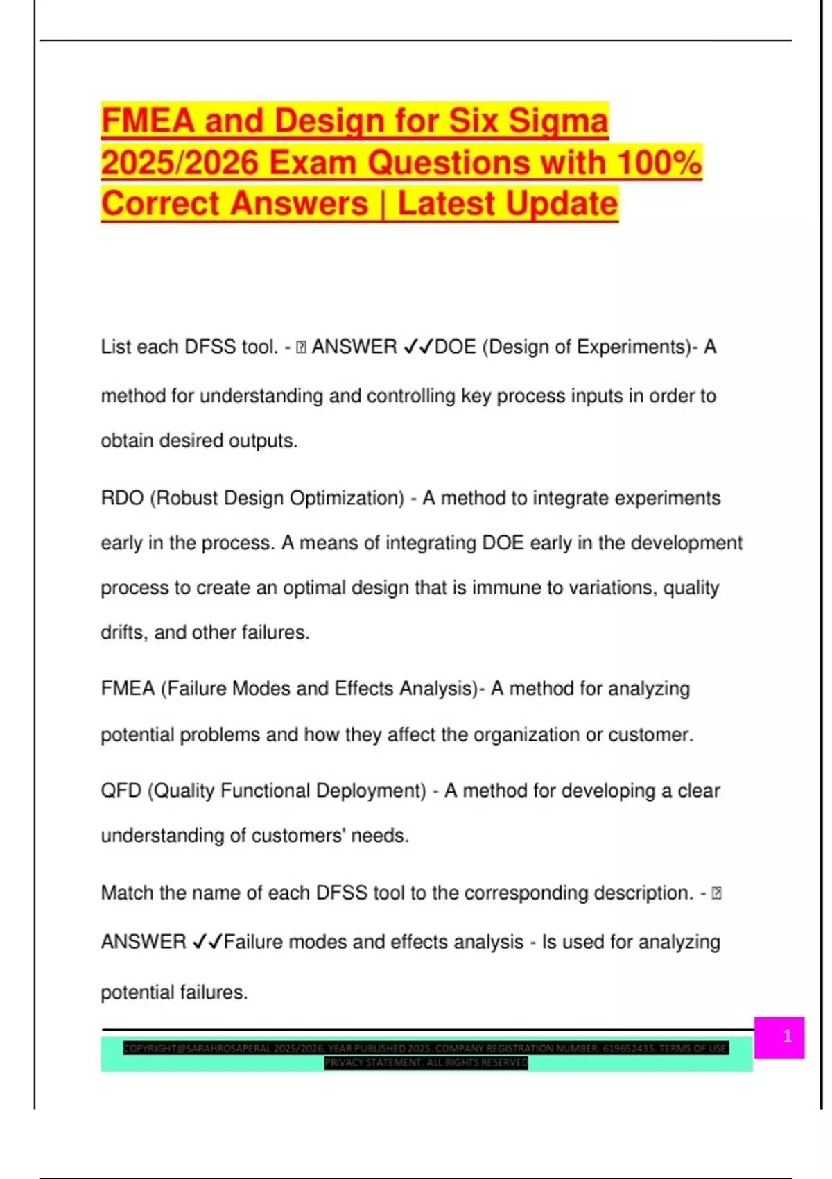 FMEA and Design for Six Sigma 2025/2026 Exam Questions with 100% ...