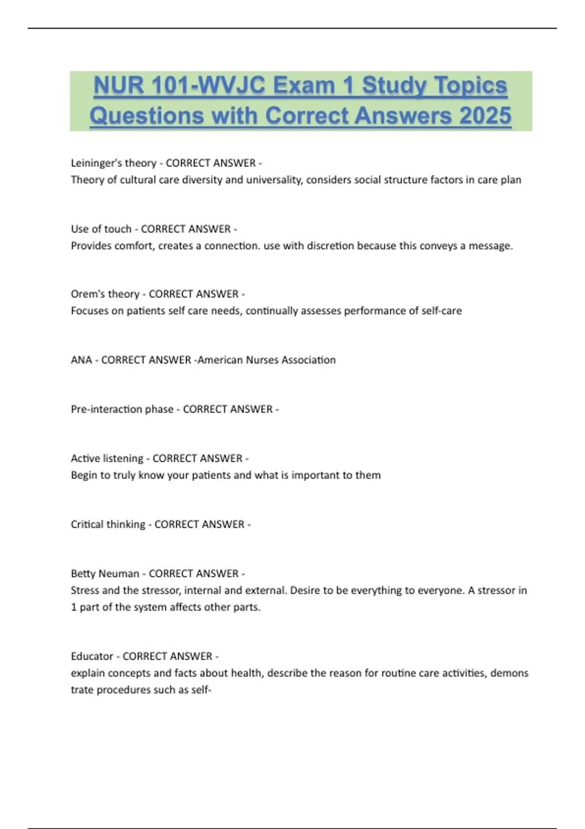 NUR 101-WVJC Exam 1 Study Topics Questions with Correct Answers 2025 ...