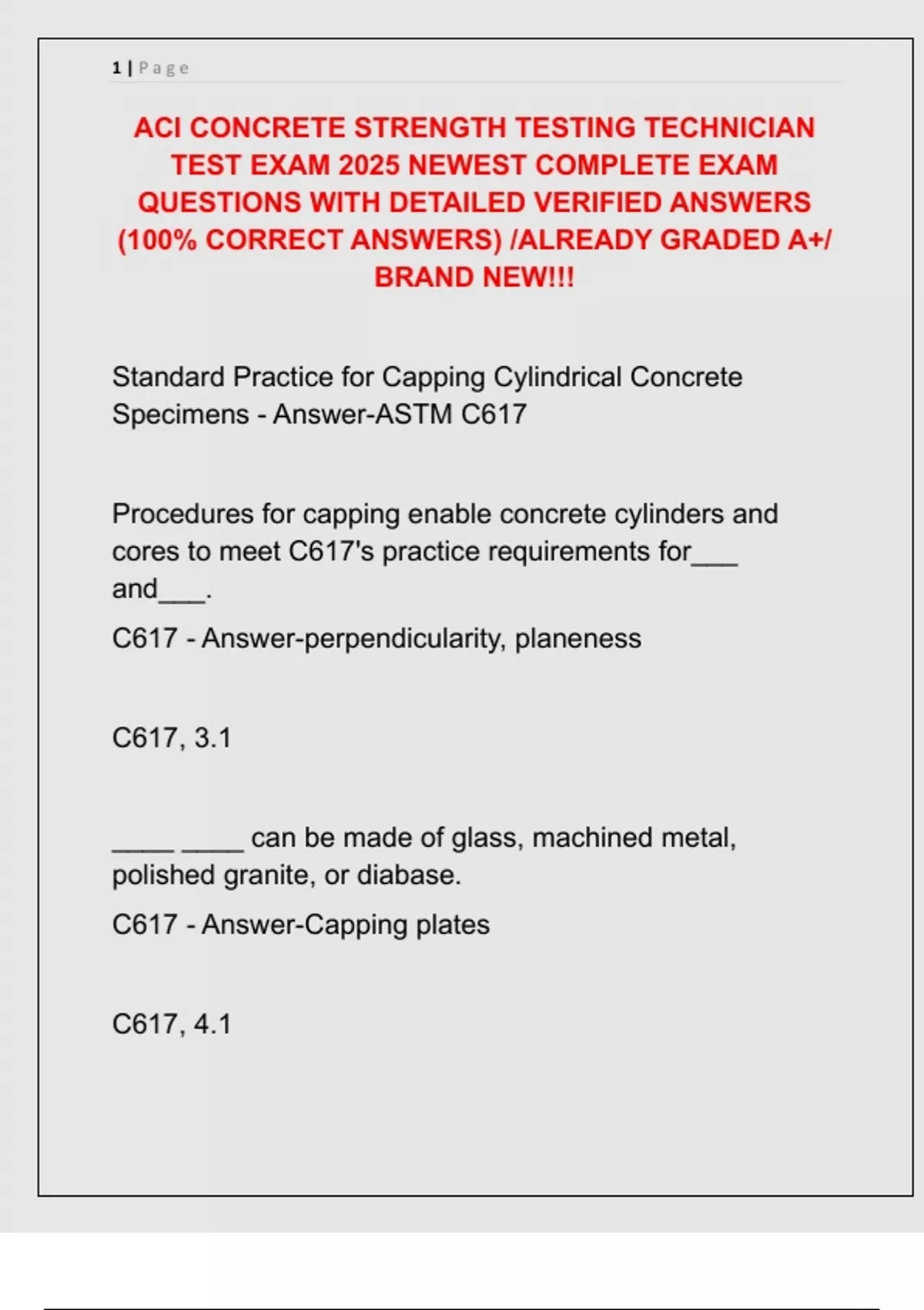 ACI- CONCRETE FIELD-TESTING TECHNICIAN - GRADE 1 FINAL EXAM AND ...