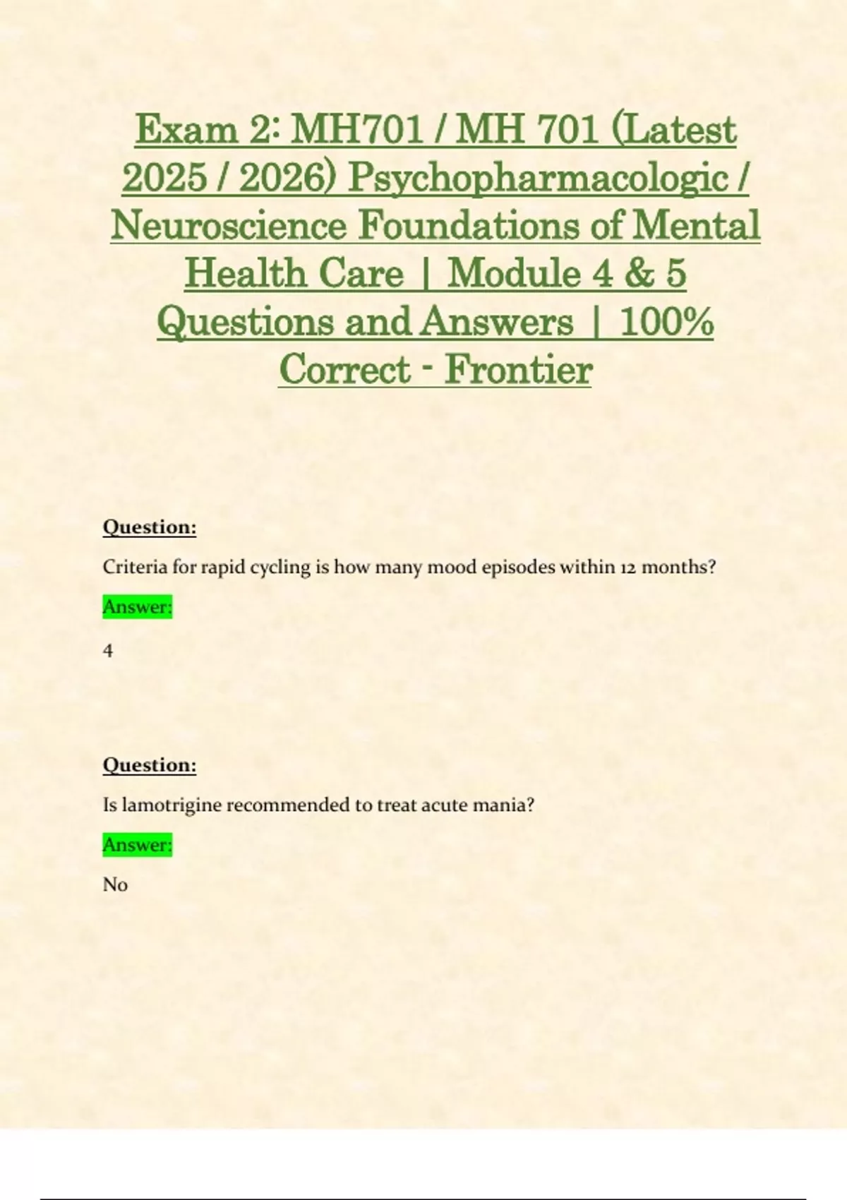 Exam 2: MH701 / MH 701 (Latest 2025 / 2026) Psychopharmacologic ...