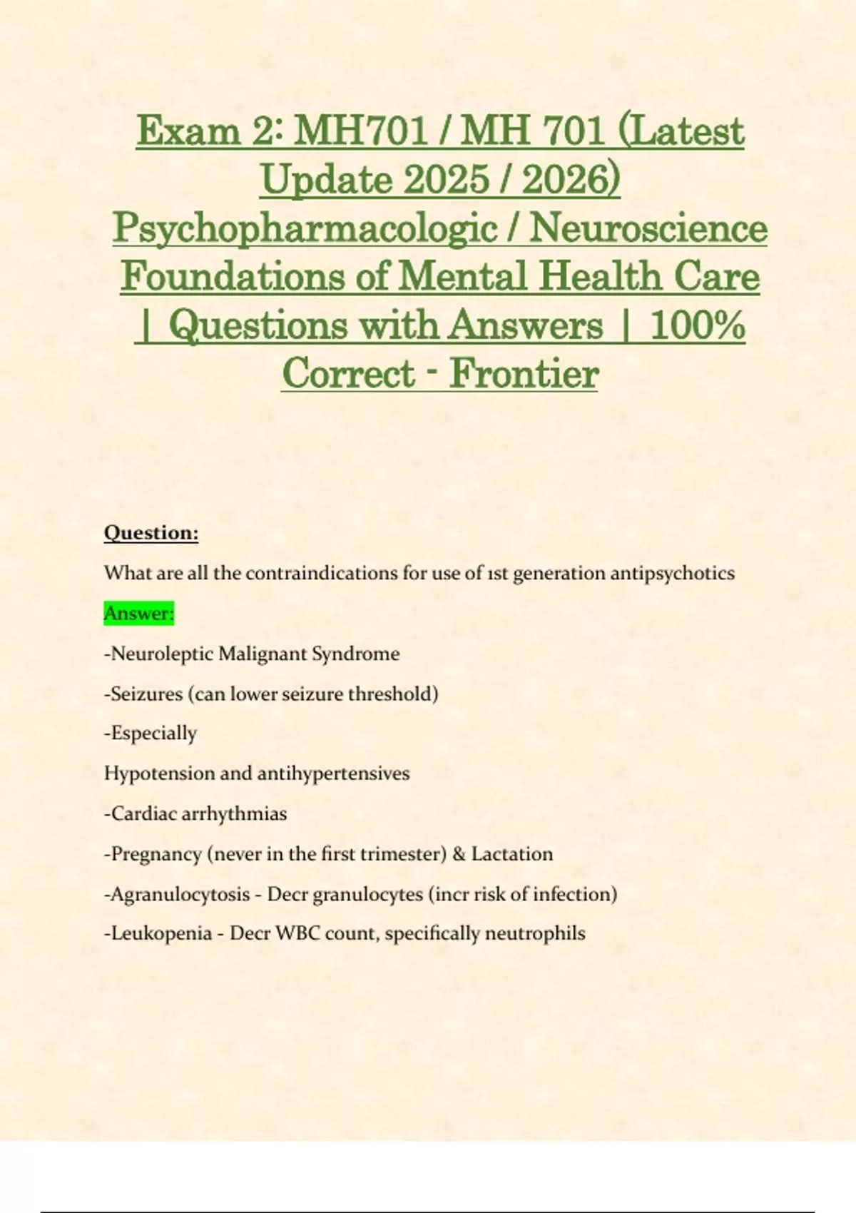 Exam 2: MH701 / MH 701 (Latest Update 2025 / 2026) Psychopharmacologic ...