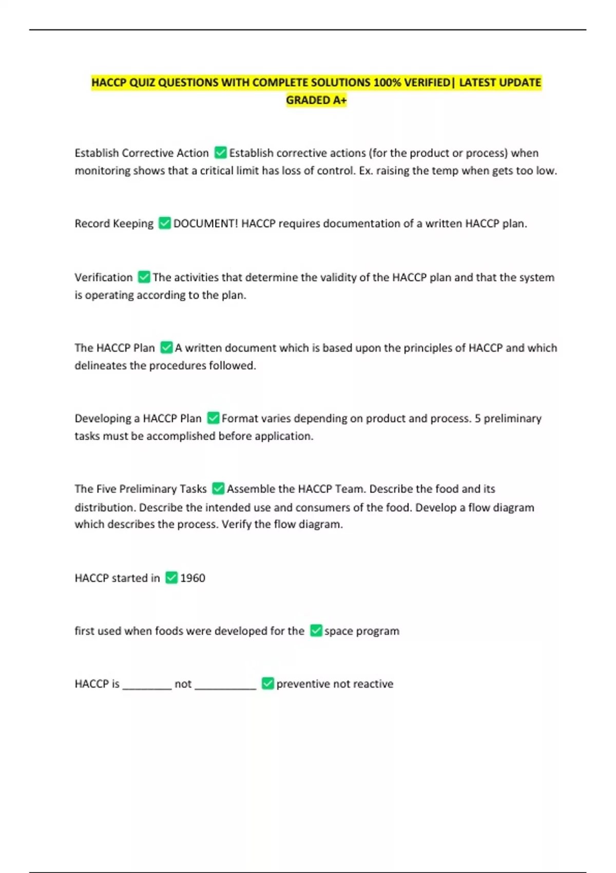 HACCP QUIZ QUESTIONS WITH COMPLETE SOLUTIONS 100% VERIFIED| LATEST ...