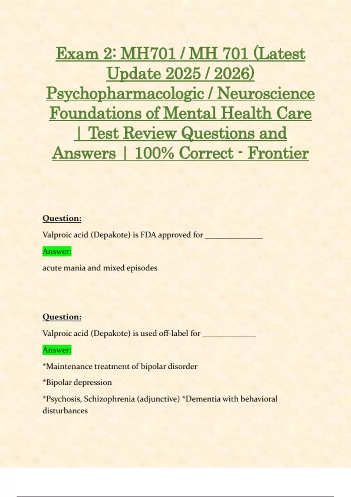 Exam 2: MH701 / MH 701 (Latest Update 2025 / 2026) Psychopharmacologic ...