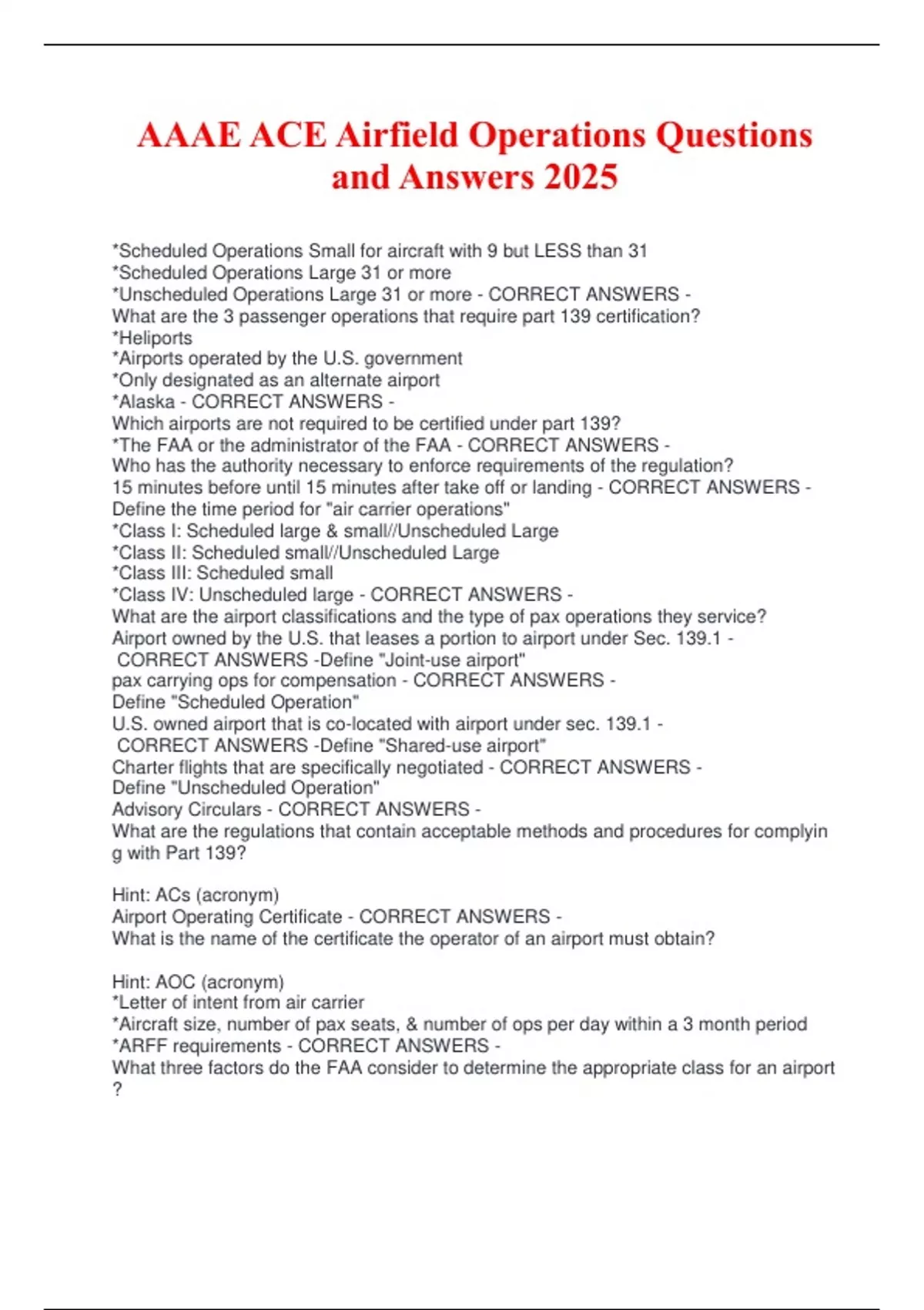 AAAE ACE Airfield Operations Questions and Answers 2025 - AAAE ACE ...