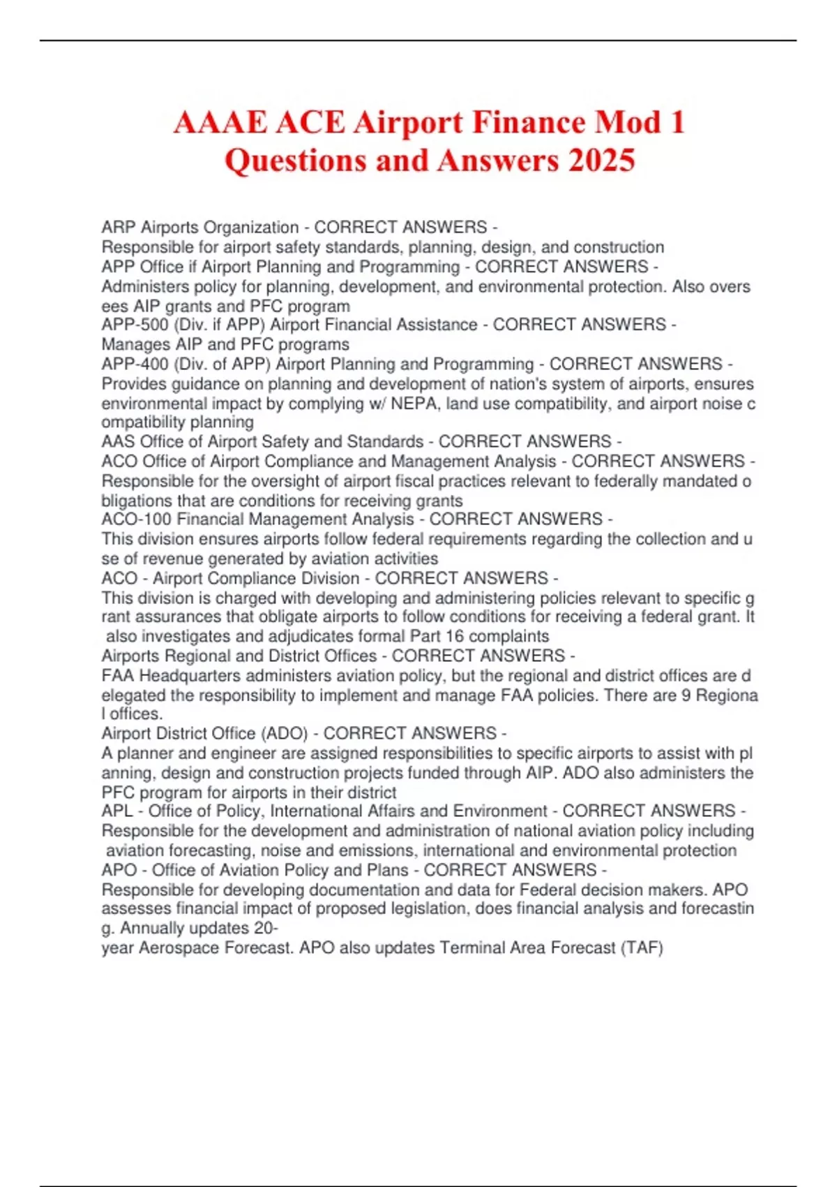 AAAE ACE Airport Finance Mod 1 Questions and Answers 2025 - AAAE ACE ...