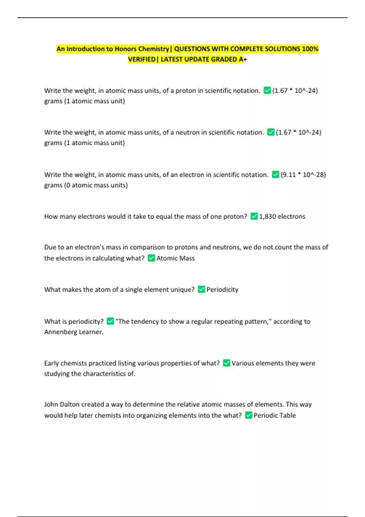 An Introduction to Honors Chemistry| QUESTIONS WITH COMPLETE SOLUTIONS ...