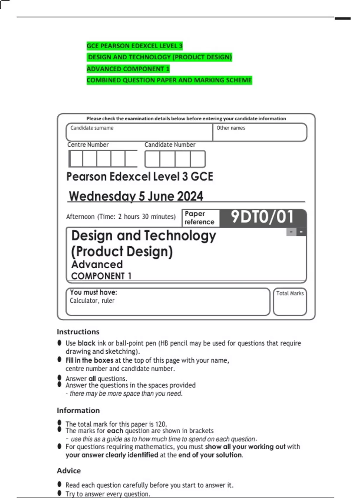 GCE PEARSON EDEXCEL LEVEL 3 DESIGN AND TECHNOLOGY (PRODUCT DESIGN ...