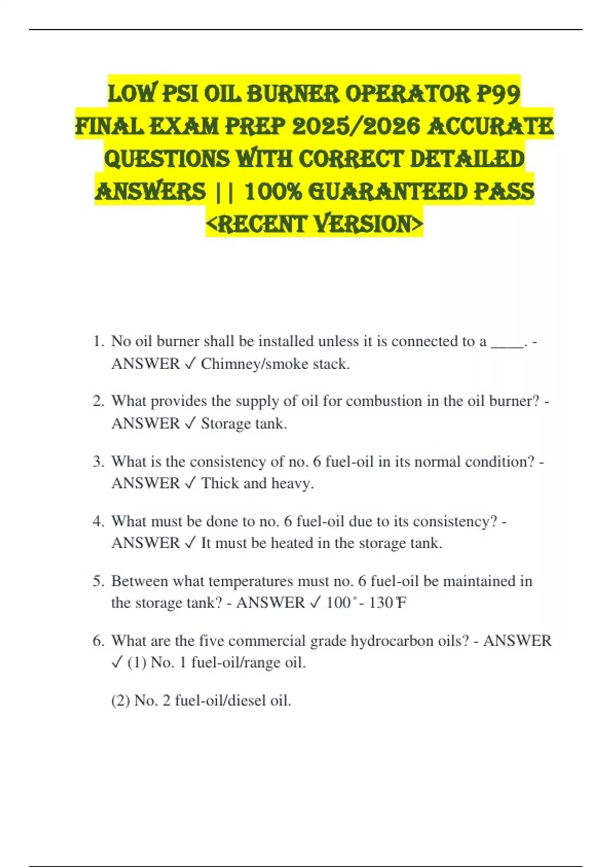 LOW PSI OIL BURNER OPERATOR P99 FINAL EXAM PREP 2025/2026 ACCURATE ...