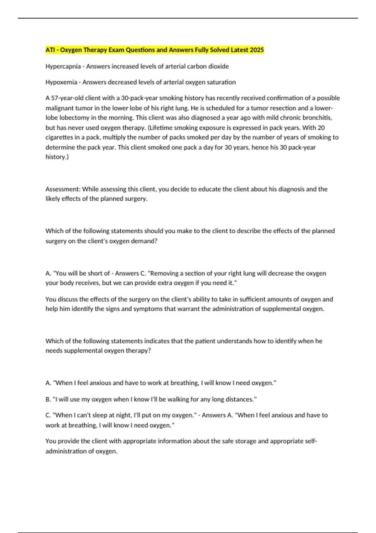 ATI - Oxygen Therapy Exam Questions and Answers Fully Solved Latest ...