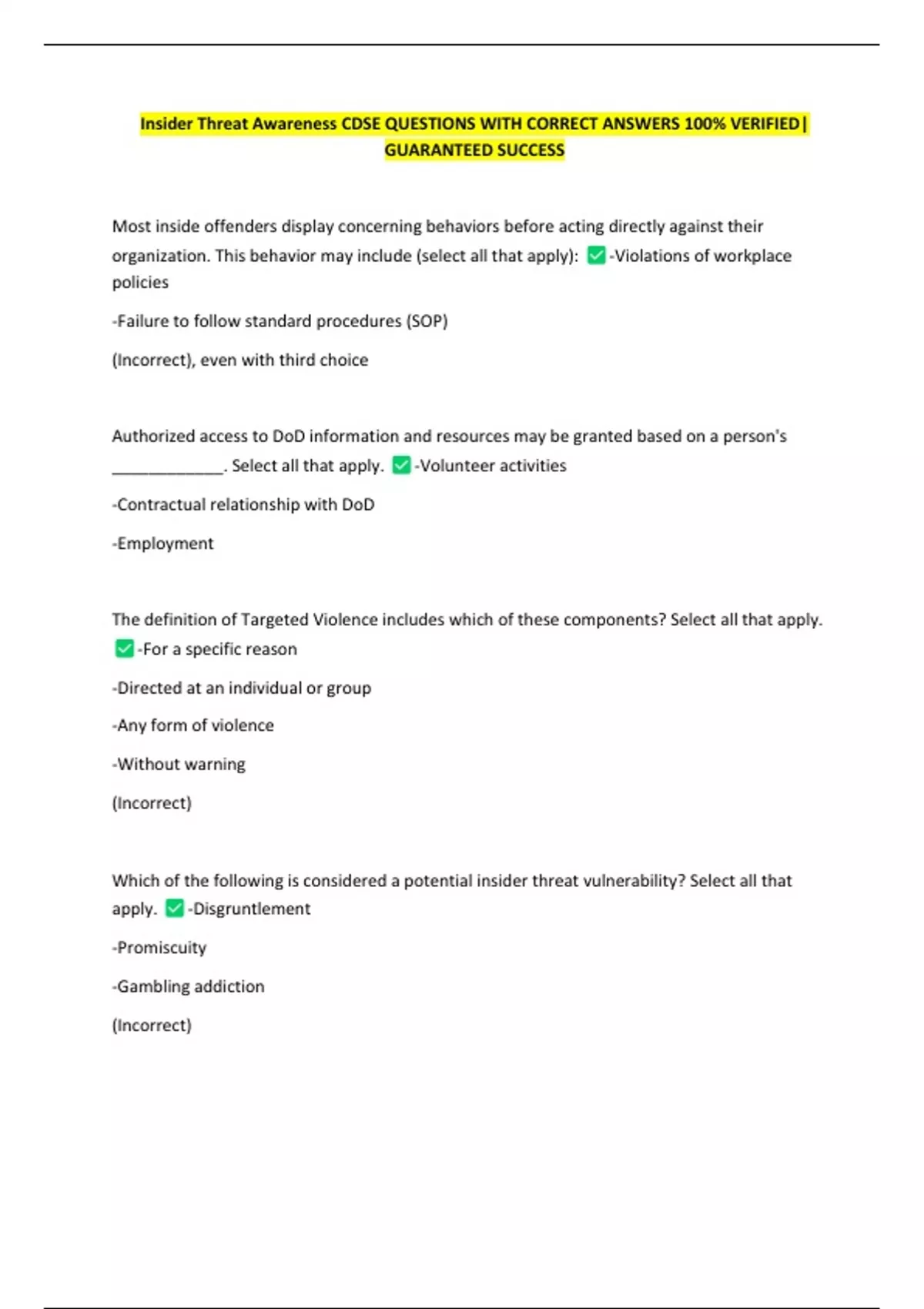 Insider Threat Awareness CDSE QUESTIONS WITH CORRECT ANSWERS 100% ...