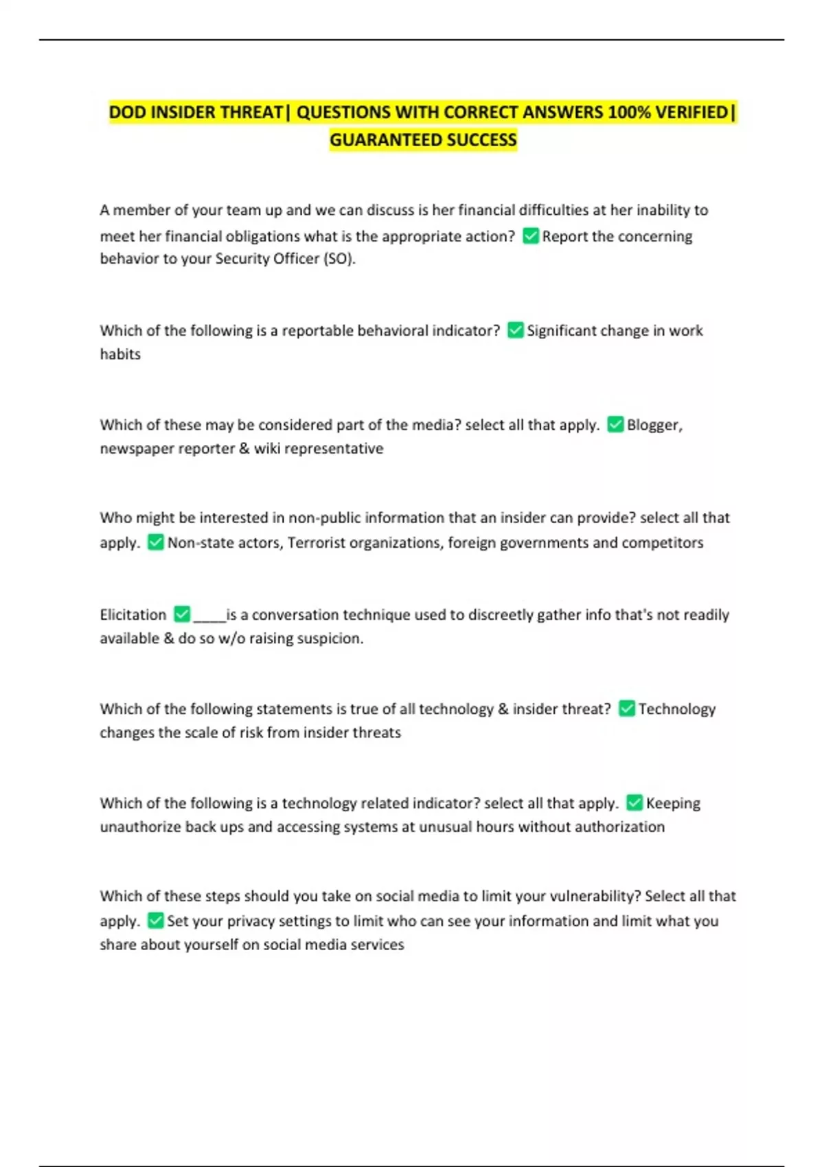 DOD INSIDER THREAT| QUESTIONS WITH CORRECT ANSWERS 100% VERIFIED ...