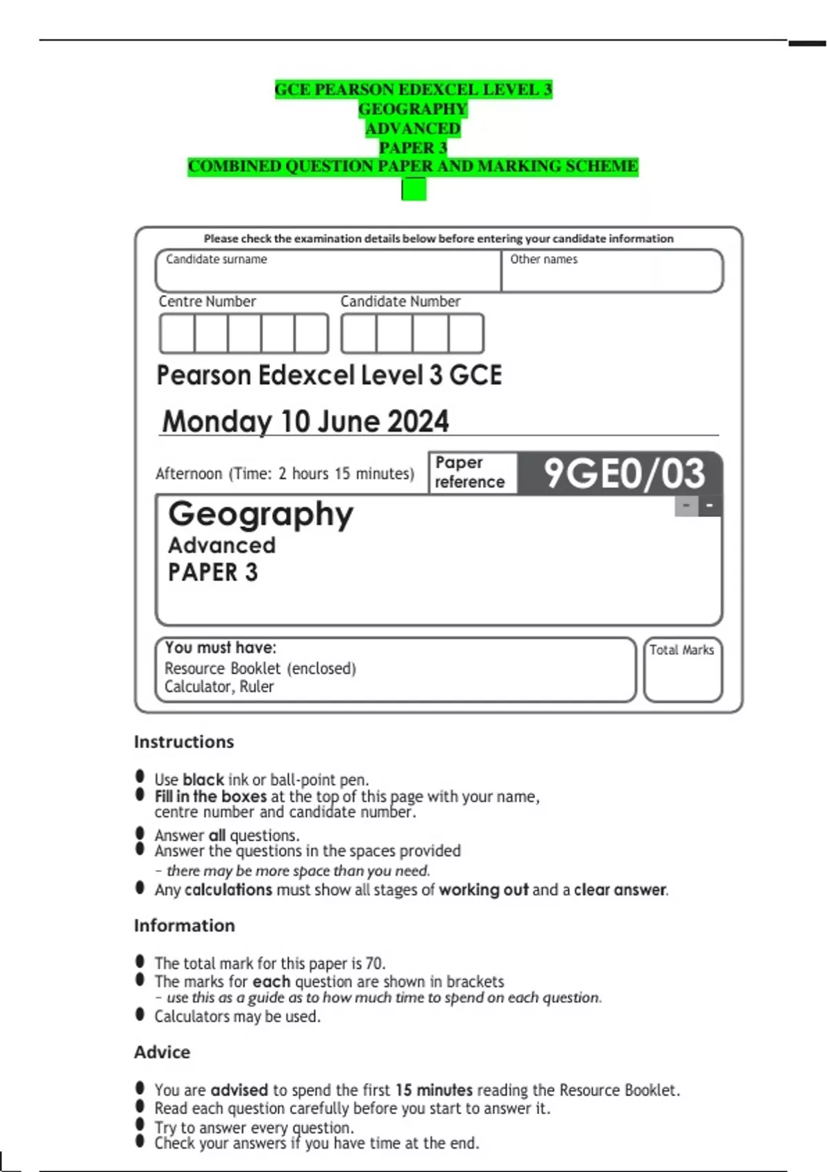 GCE PEARSON EDEXCEL LEVEL 3 GEOGRAPHY ADVANCED PAPER 3 COMBINED ...