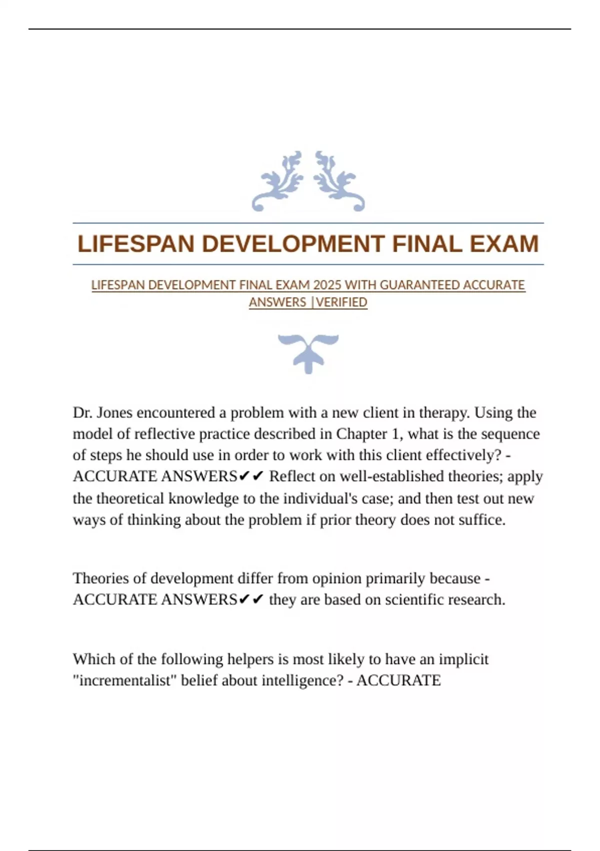 LIFESPAN DEVELOPMENT FINAL EXAM 2025 WITH GUARANTEED ACCURATE ANSWERS ...