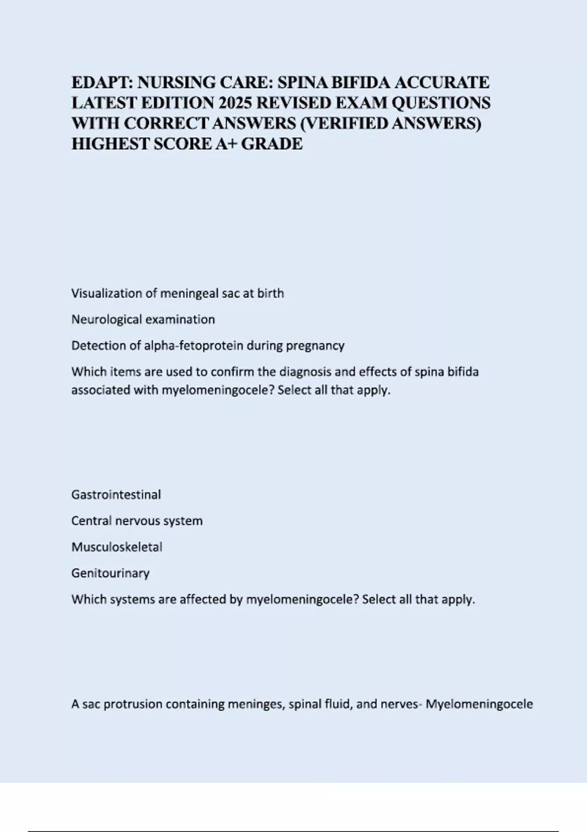 Edapt Nursing Care Spina Bifida Accurate Latest Edition 2025 Revised Exam Questions With Correct